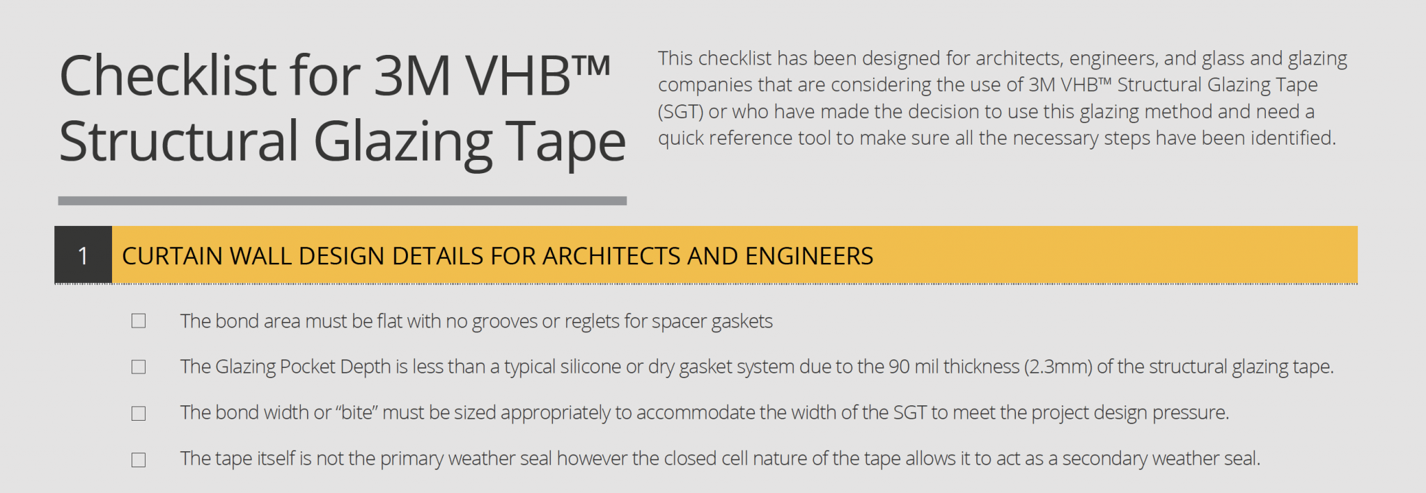Checklist for 3M VHB™ Structural Glazing Tape | Tom Brown Inc.